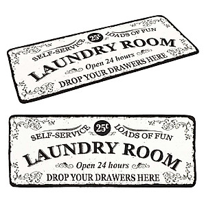 Benissimo Soft Woven Rugs, 24"x56"Laundry Room Rug, Funny Non Slip Laundry Mats, Woven, Machine Washable, Runner Floor Mat for Washroom, Bathroom, Self Service-Load of Fun-Open 24 Hours