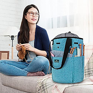 PAVILIA Knitting Bag Yarn Storage Tote - Crochet Organizer Bag, Yarn Storage Holder for Knitting Accessories, Yarn Skiens, Needles, Hooks, Unfinished Project, with Grommets (Turquoise Blue)
