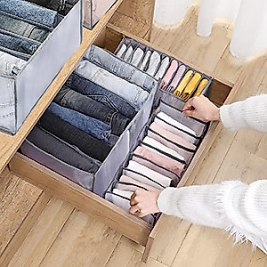 6 Pcs Extra large Drawer Organizers For Clothing,7 Gird Washable Wardrobe Clothes Organizer For Mesh Foldable Closet Dividers Nylon Fabric Storage Box for jeans,underwears,Leggings,pants,socks(Gray)