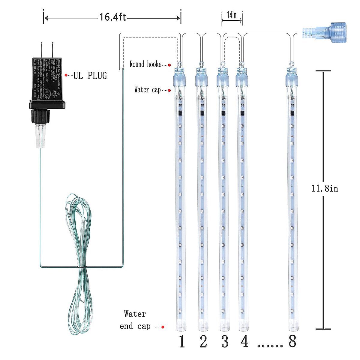 Kwaiffeo Christmas Lights, Meteor Shower Lights 12 inch 8 Tube Rain Falling Icicle Cascading Lights for Xmas Tree Halloween Decoration Wedding Party, Christmas Decorations Outdoor Yard, UL Plug Blue