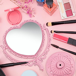 QEEYON Pink Heart Vanity Mirror - 360 Degree Swivel Makeup Double Sided Table Desk Countertop Stand for Dresser Bathroom Bedroom - Aesthetic Cosmetic Mirror for Women Girls