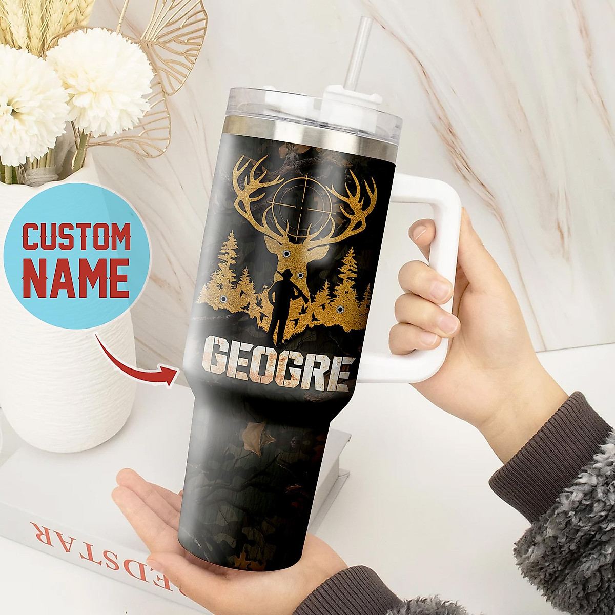 WAZONE Personalized Hunting 40oz Tumbler with Handle and Straw Lid Custom Name Wood Drawing Tumblers Stainless Steel Travel Cup for Father Dad Man Hunter Lover Gift Birthday Christmas Fathers Day