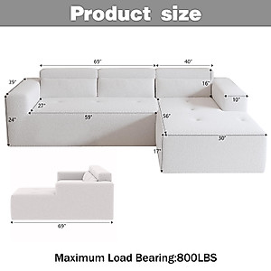 109" Modular Sectional Sofa, Modern Teddy Fabric L Shaped Couch, 3 Seat Corner Sofa Couch, Modern Upholstered Couch with Chaise & Pillows for Living Room Apartment, No Assembly Required (Beige)