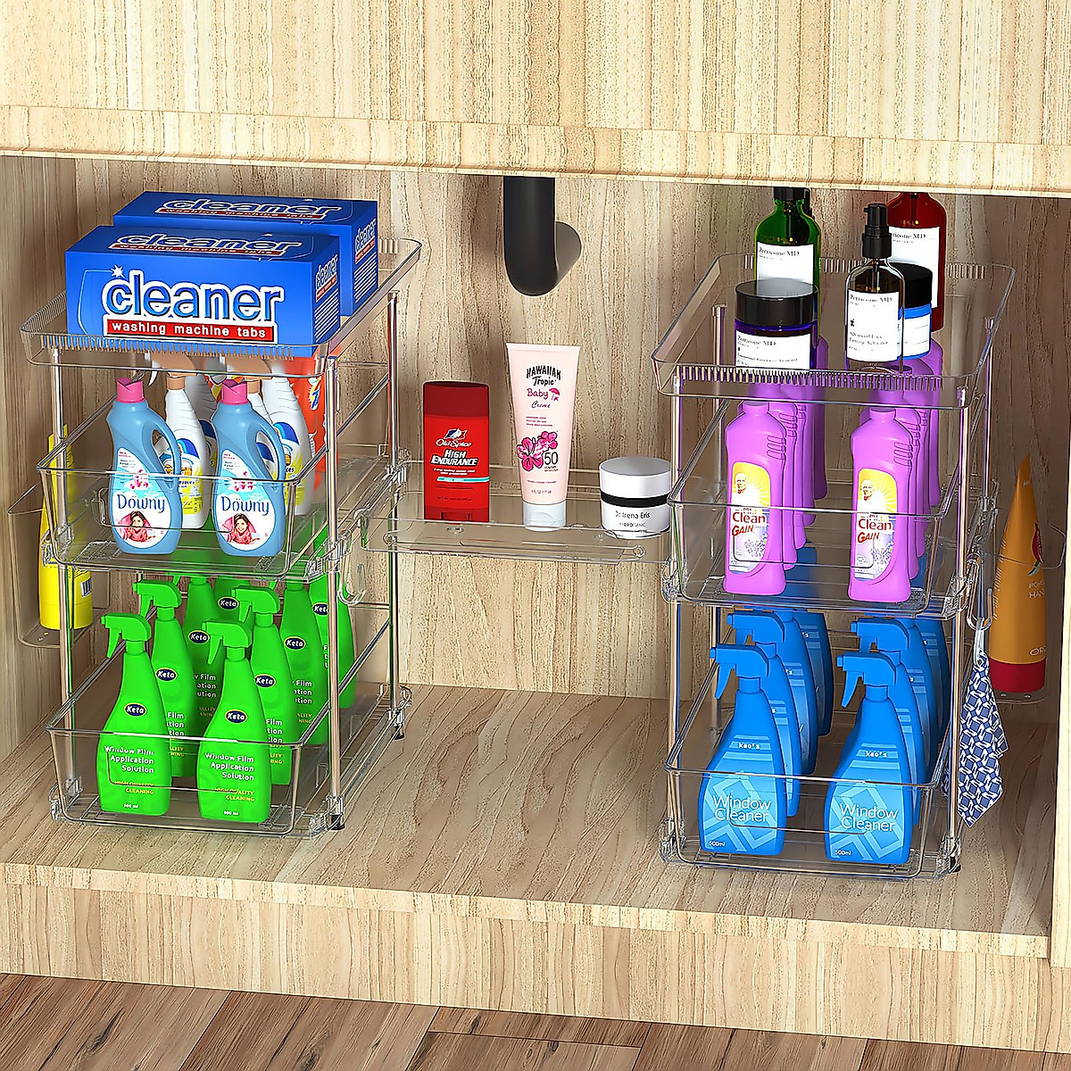 NIHEHAG Large 3 Tier Under Sink Organizers and Storage Bathroom - Multi Purpose Bathroom Cabinet Organizer,Pull Out Organizer and Storage with Dividers/Hooks,Clear Adjustable Medicine Bins (XL)