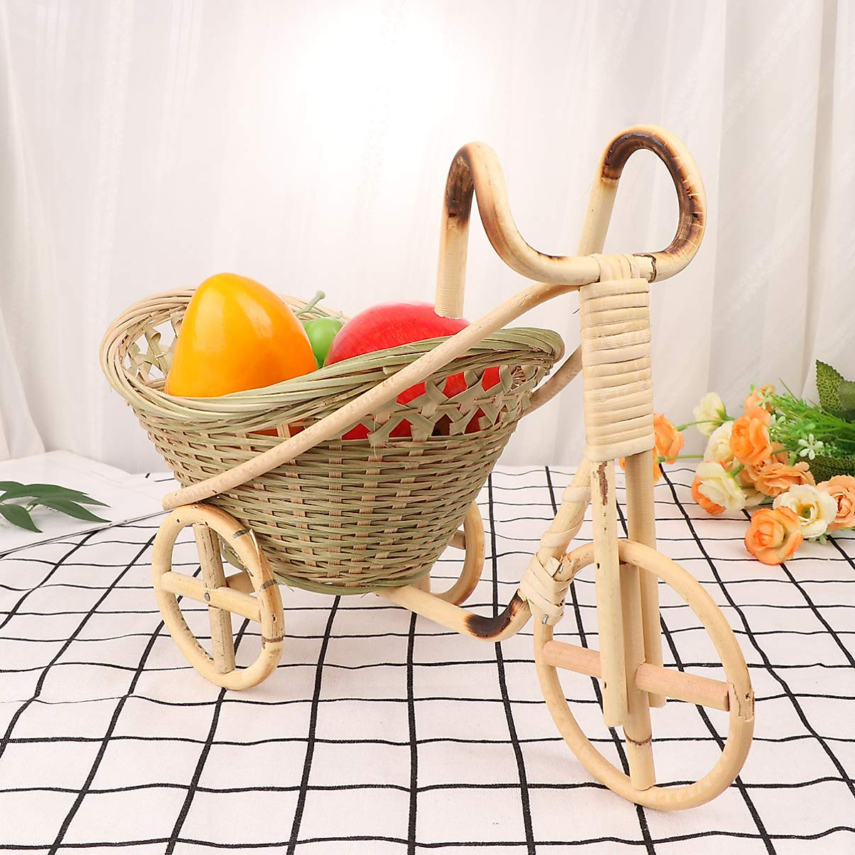 Straw Fruit Basket Bamboo Bread Basket Container Bowl Candy Basket Serving Basket Flower Basket Appetizer Tray Storage Basket Tricycle Design for Fruit Snack Nuts Chip