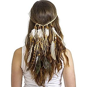 Skeleteen Indian Feather Headband Accessories - Native American Tribal Costume Head Dress with Feathers for Women and Kids