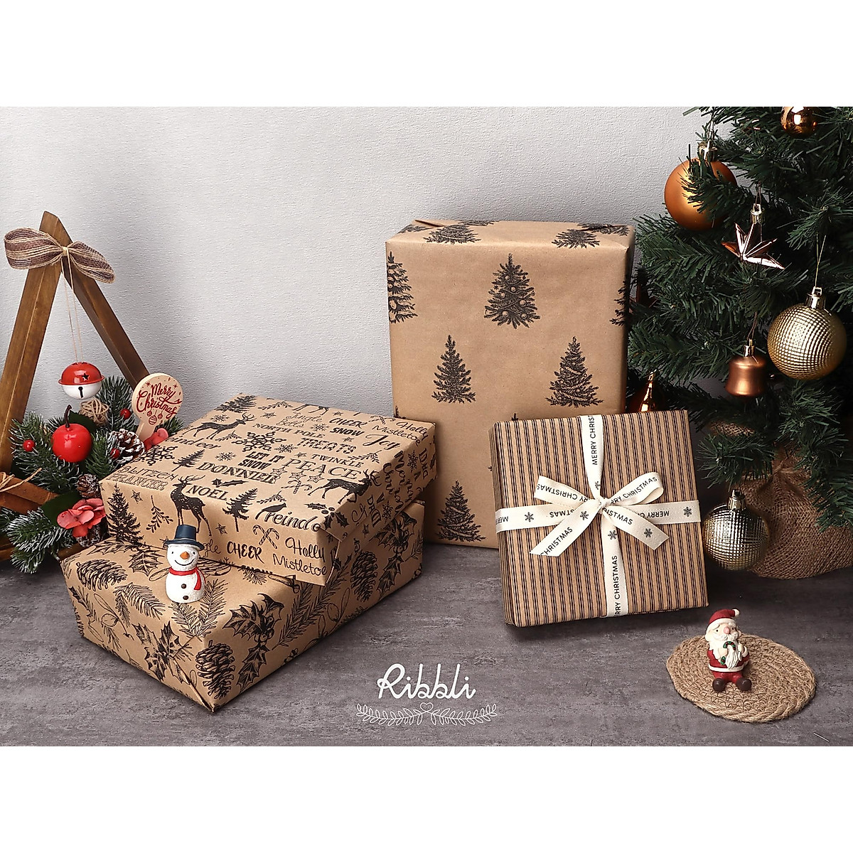Ribbli 4 Rolls Gift-Wrapping Paper, Vintage Christmas Style, 30x120 inch(10ft) Per Roll, 100 Sq Ft Total, Brown Kraft Paper with Black Pattern