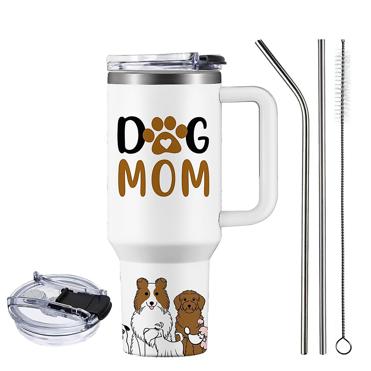 NIAXAUYT Dog Mom Gifts for Women Personalized Stainless Steel Tumbler Cup 40 oz, Funny Dog Mom Gift Ideas, Birthday Christmas Gifts for Dog Lovers/Owners, Cartoon Dog Mom Mug with Handle and Straw