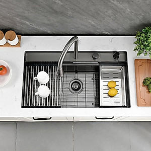 33 Inch Black Undermount Kitchen Sink Waterfall Workstation, BoomHoze 33x19 Waterfall Kitchen Sink Dual Mount Workstation Sink 16 Gauge Black Stainless Steel with Multifunctional Faucet