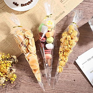 Dxlam 100 Pcs Cone Cellophane Bags, 6x12 Inches Clear Plastic Cone Shaped Treat Bags with 100 Twist Ties for Party Favor, Gift Wrapping, Packaging Decorations Storage
