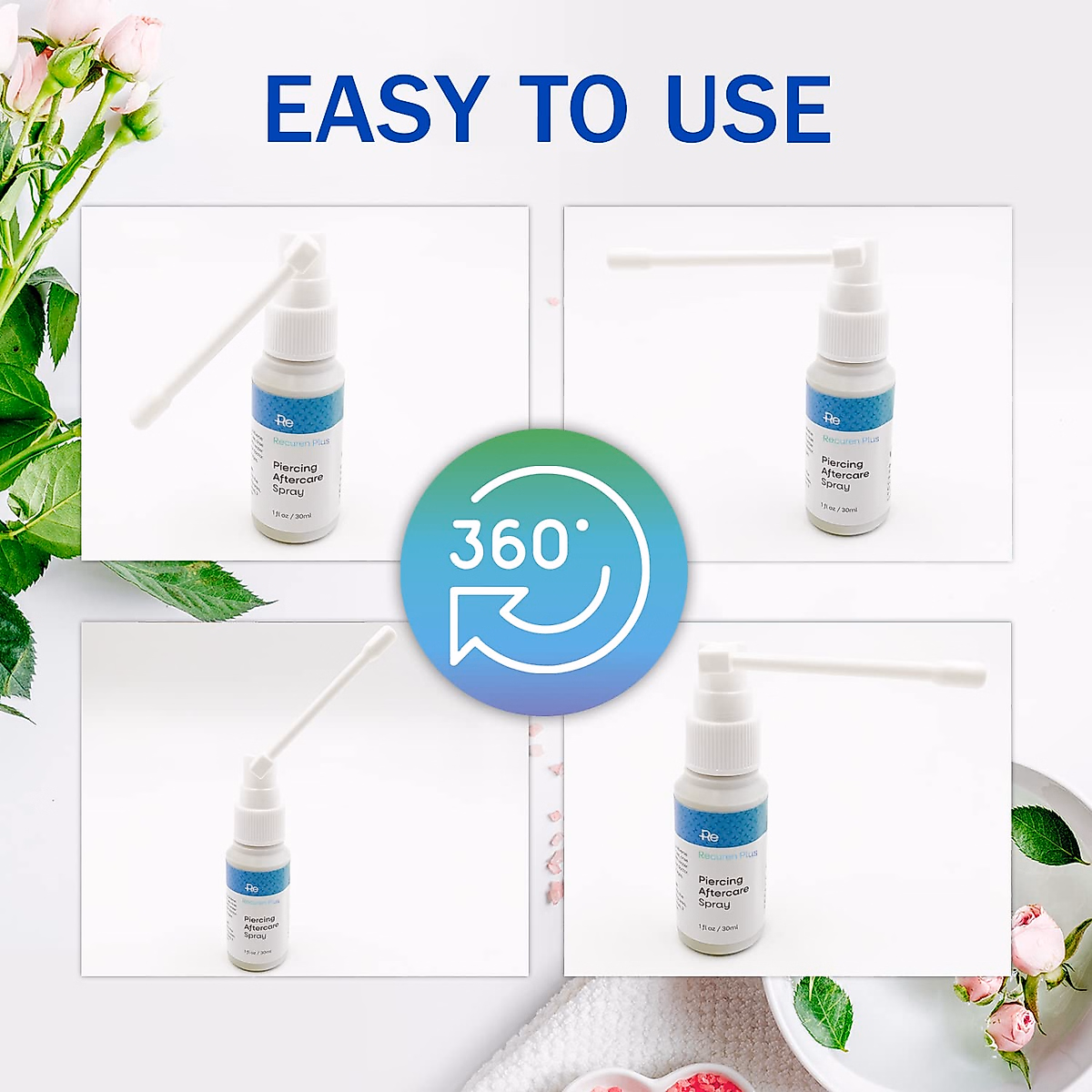 Recuren Plus Piercing Aftercare Spray Solution to Shrink Piercing Bumps, Suitable for Ears, Nose, Tongue, Navel Piercings, Cleansing Treatment, Soothing Mist 30ml (1PACK)