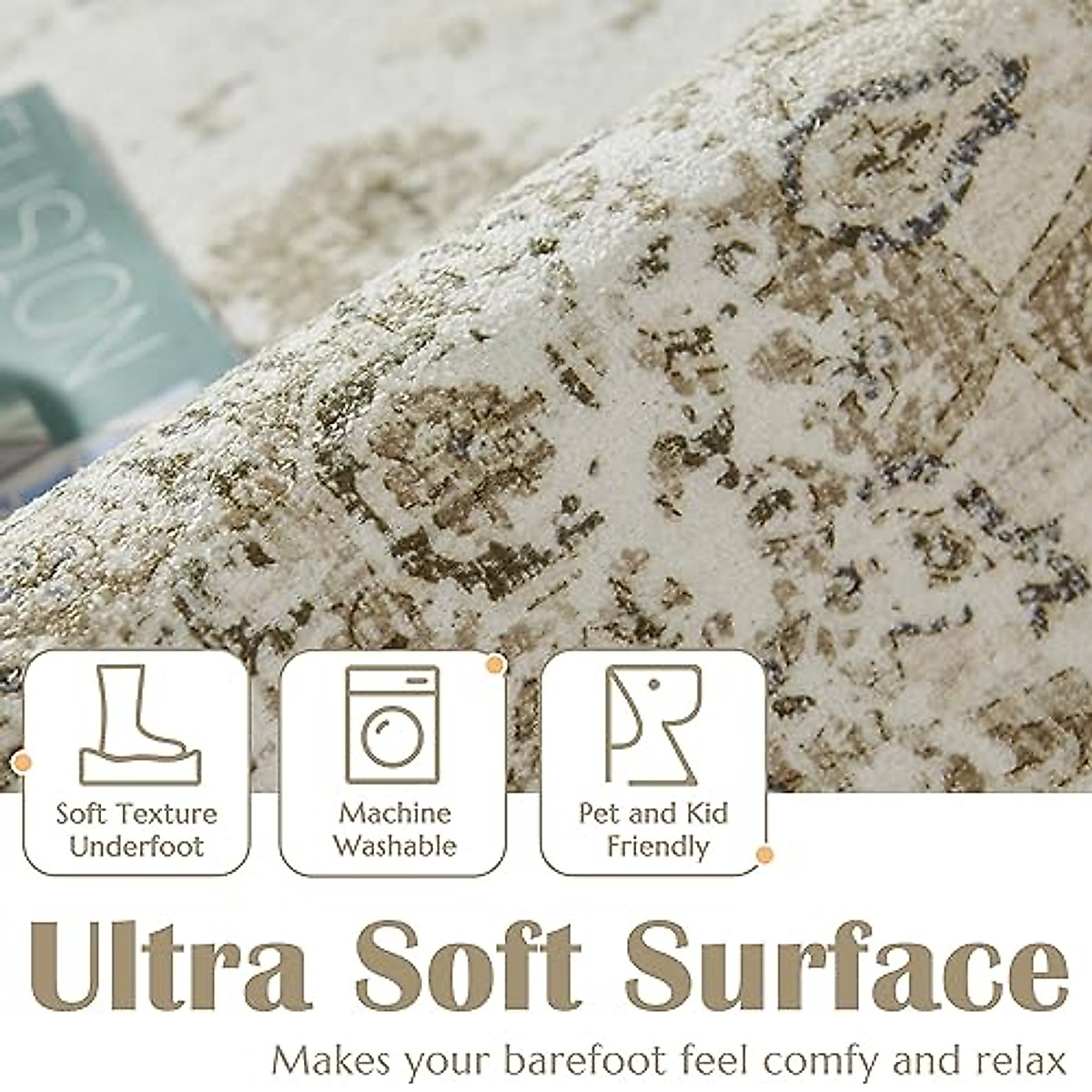 jinchan Washable Area Rug 8x10 Low Pile Living Room Vintage Rug Stain Resistant Floral Medallion Distressed Carpet Ultra-Thin Non Slip Indoor Carpet for Kitchen Bedroom Dining Room Farmhouse Taupe