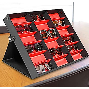 Home-X 18-Slot Standing Glasses Organizer, Glasses Holder, Commercial Sunglasses and Eyewear Display, Collectables Storage Box, Travel Display Case, 18 ¾" L x 15" W x 2 ¼" H, Red