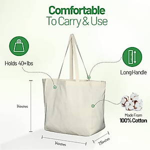 Greenmile 6 Pack Canvas Reusable Grocery Bags - Cotton Canvas Grocery Bag Cloth Shopping Tote With Long Handles Bulk - Heavy Duty Grocery Tote Bag - Large, Foldable and Lightweight - Capacity 40 lbs