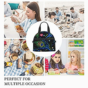 LYNSAY Peacock Feather Printed Lunch Bag, Lightweight And Durable, Adjustable Shoulder Strap, Reusable Lunch Handbag, Portable Refrigerated Bag