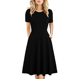 Prime Wardrobe Womens Clothing Plus Size Dress Business Vintage Round Neck Work Party Casual Pockets Dresses for Lady 162 (XXL, Black Solid)