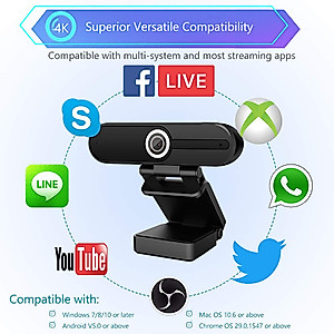 Webcam 4K HD Computer Camera 8MP Microphone PC Web Camera, Full Widescreen Laptop USB Webcams, Privacy Shutter, Tripod, Mac Desktop Notebook Webcam, Video Calling Recording Webcam
