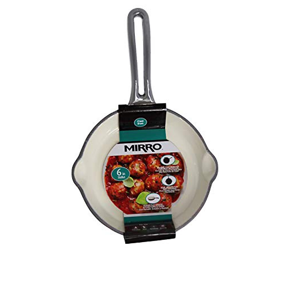 Mirro MIR-19056 6" Mini Cast Iron White Enamel Coated Interior Skillet, Grey, Ready to Use