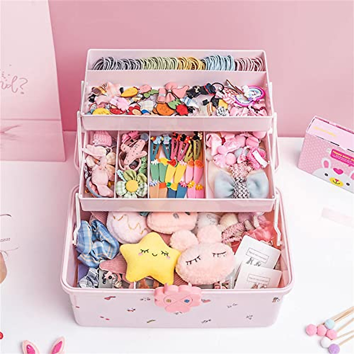 Hair Accessories Storage Box for Girls Hair Supplies Craft Organizers and Storage Plastic Box with 3-Tier Fold Tray and Handle,Portable Lockable Container for Arts Crafts Cosmetic Sewing Toy
