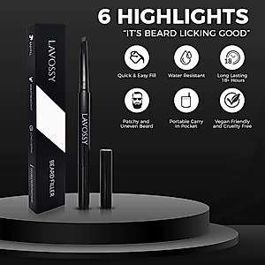 LAVOSSY Beard Pencil Filler for Men - Long Lasting and Easy to Use Beard Pen with blending brush results in a sleek & natural look, Water/Sweat Proof beard filler (1 Count (Pack of 1), Black)
