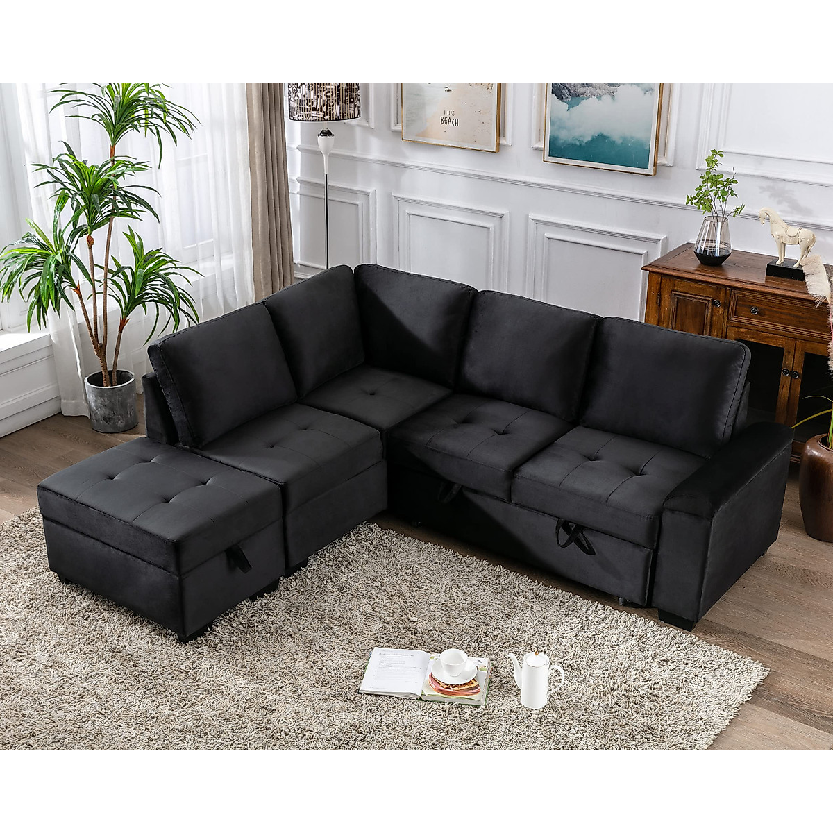 XD Designs Modern Reversible Sleeper Sectional Sofa, L-Shape Corner Couch, Pull Out Sofa-Bed Couch with Storage Ottoman and Hidden Arm Storage, Large Chaise Lounger for Living Room (Black-Large)