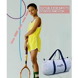 Personalized Kids Travel Overnight Bag Seersucker Carry On Lightweight Weekender Duffel Bag for Boys Daycare Bag for Toddler Boys Girls Weekend Beach Sports Gym Sleepover Bag (Blue)