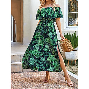 CUPSHE Dress for Women Summer A Shape Dresses Off Shoulder Sleeve Maxi Length Ruffle Fitted Waisted Tropical Printed, M Green