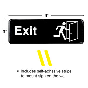 Excello Global Products Easy to Mount 9 by 3 in Informative Plastic Exit Sign with Symbols, Black, Pack of 3