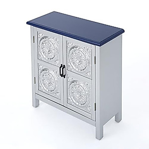Christopher Knight Home Alana Firwood Cabinet with Faux Wood Overlay, Silver / Navy Blue