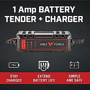 VoltForce 1A Battery Charger and Maintainer: Fully Automatic 6V and 12V Automotive Battery Charger for Cars, Motorcycle, ATVs, and More - Smart Battery Chargers VF-1006,1 AMP