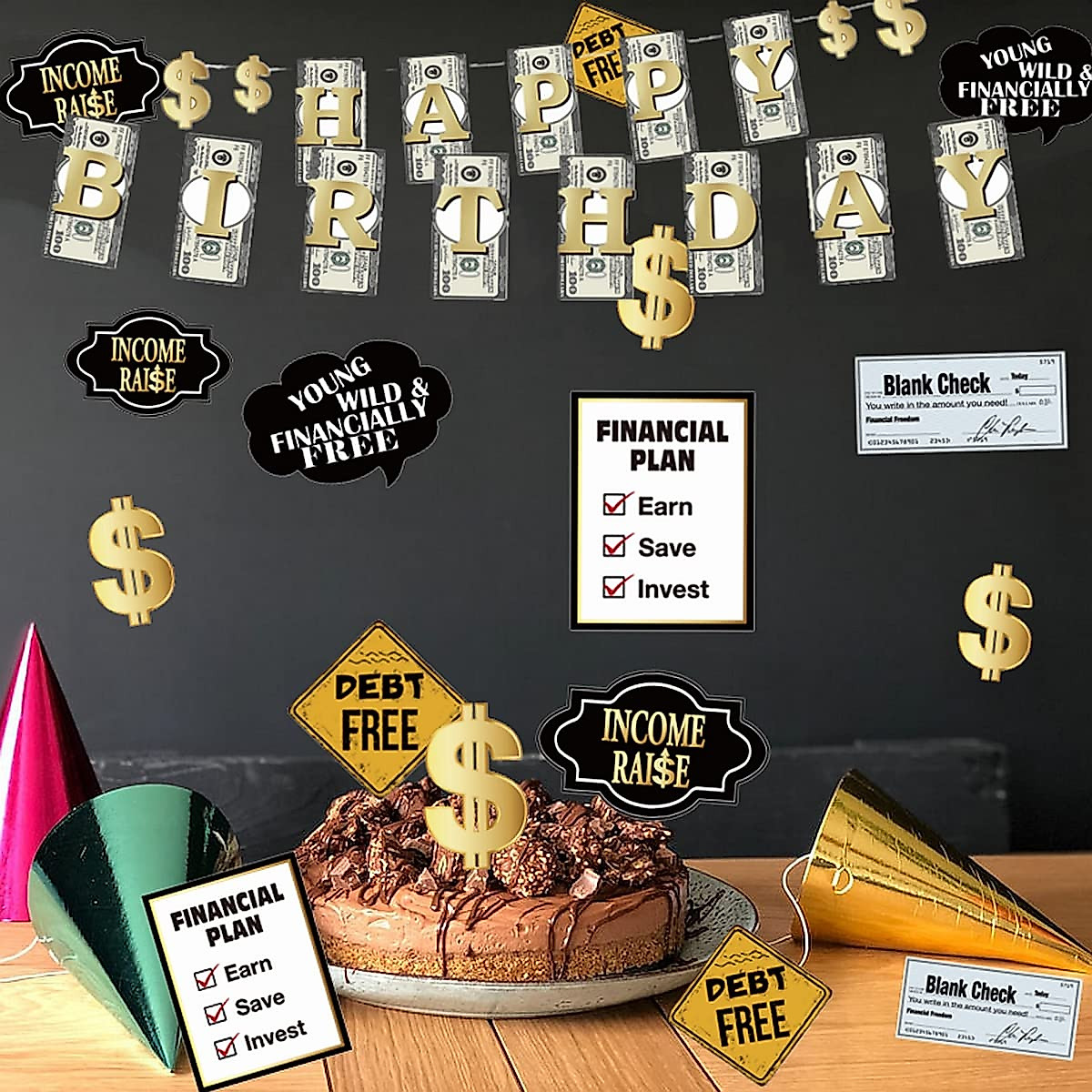 YiiiGoood 24pcs(6 styles) FUN Money Theme Table Centerpiece Sticks Decorations Table Toppers Income Raise/Debt Free for Birthdays Weddings Bachelorette Anniversary Graduation Office Party Supplies