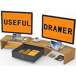 WESTREE Dual Monitor Stand Riser with Drawer-Monitor Stand Riser for 2 Monitors, Adjustable Length and Angle, 2 Phone Hold,Desktop Organizer Stand for Computer/Laptop/PC/Printer