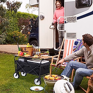 Arlopu Collapsible Wagon with Folding Table, Heavy Duty Portable Garden Cart w/Aluminum Alloy Table Combo, Outdoor Utility Camping Cart w/Metal Board Desktop for Shopping, Picnic, 150 LBS, Balck