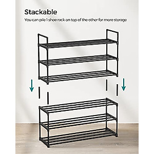 SONGMICS Shoe Rack, 3-Tier Shoe Storage Organizer, Metal Shoe Shelf, 12 to 15 Pairs Shoes, Stackable Shoe Tower for Living Room, Entryway, Hallway, Closet, Black ULSA13BK