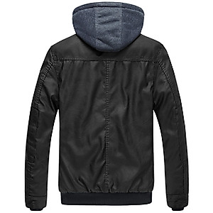 wantdo Men's Spring Faux Leather Jacket with Hood Outdoor Jacket Black Large (Lightweight)