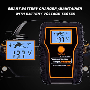 Automotic Battery Trickle Charger Maintainer 12 Volt 750mA Battery Float Charger Maintainer with LCD Float Charging for Motorcycle ATV Lawn Mower Car Boat