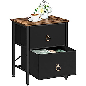 HOOBRO Nightstand, 2 Drawer Dresser for Bedroom, End Tables with Fabric Storage Drawer, Small Dresser Furniture, Night Stand, Side Table for Bedroom, Closet, Entryway, Rustic Brown and Black BF82BZ01