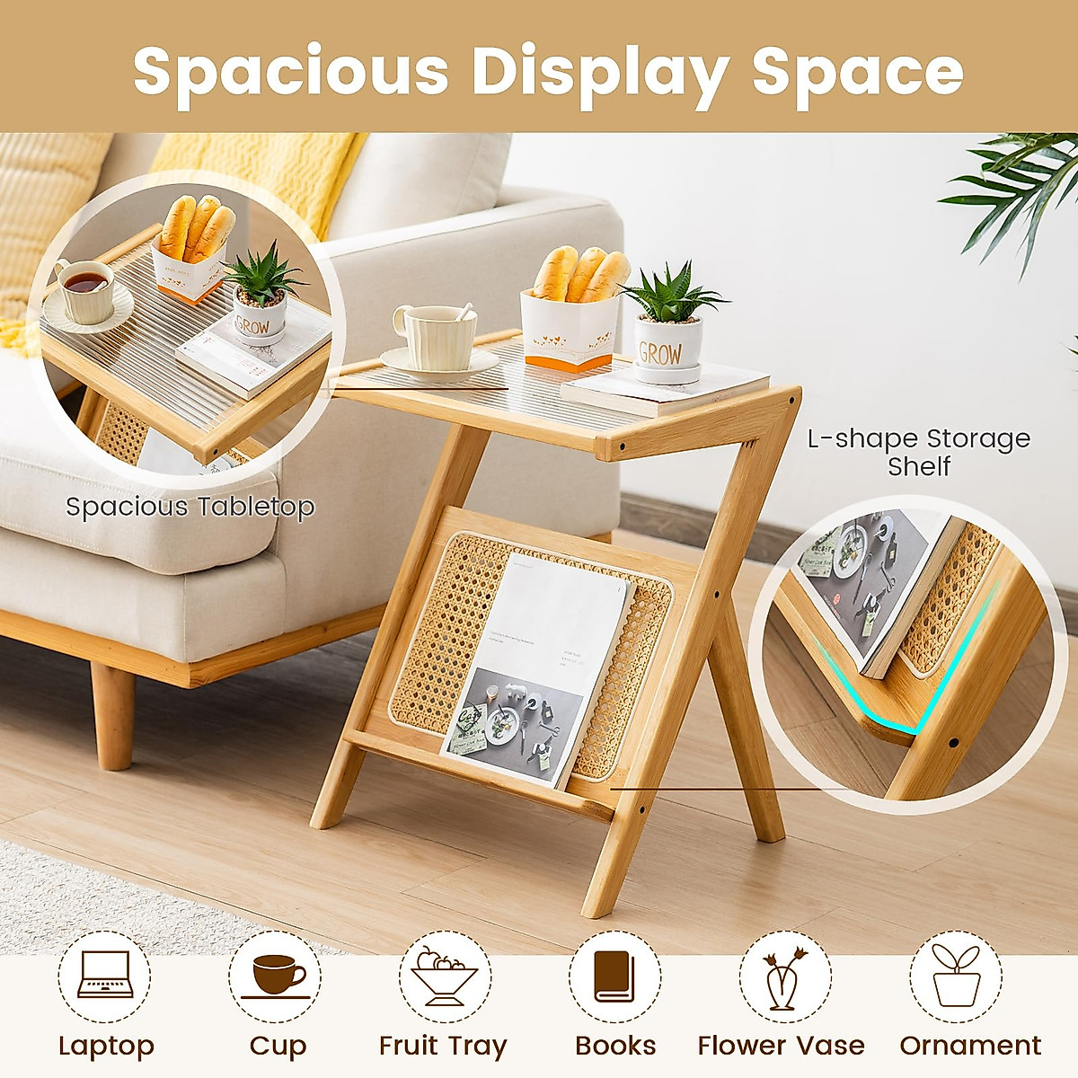 GOFLAME Rattan Side Table Set of 2, Z-shaped End Table with Tempered Glass Top, Magazine Rack, Boho Night Stand, Small Coffee Table, Bamboo Accent Bedside Table for Living Room, Bedroom, Natural