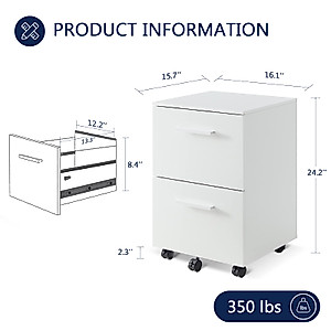 VICLLAX 2 Drawer Mobile Filing Cabinet, Vertical File Cabinet for Legal/Letter/A4 Files, Assembled Needed, White