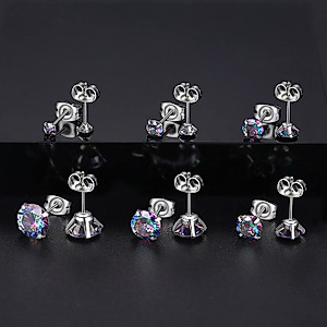 6 Pairs Stud Earrings Set, Hypoallergenic Cubic Zirconia Earrings 316L Stainless Steel CZ Earrings 3-8mm (Rainbow CZ)