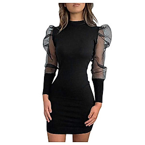 Shakumy Women Puff Mesh Long Sleeve Round Neck Bodycon Pencil Party Mini Dress Casual Elegant Cocktail Club Short Dress