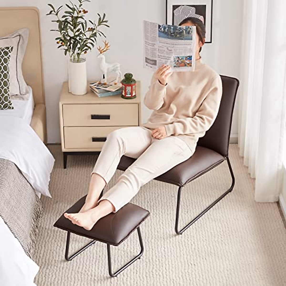 Modern Accent Chair, Living Room Chair with Footrest, Faux Leather Waterproof Fabric Armless Accent Chairs, 16″High Comfy Mid Century Modern Chair for Office Bedroom Chairs for Adults Lazy Corner