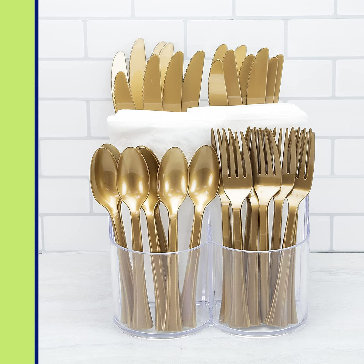 Friwer 5 Compartment Classic Acrylic Napkin Holder with Cutlery Organizer Caddy Bin, For Spoons, Forks, Knives & Cups, Indoor/Outdoor Use