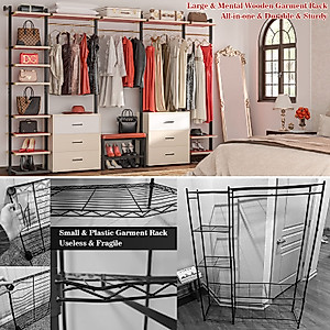 Cyclysio 96'' Heavy Duty Closet System, Large Wooden Garment Rack, Wall Mounted Walk-in Closet, Clothing Rack with Shelves, Closet Organizer System with Stool, 14 Shelves, 6 Drawers, 4 Rods, Black