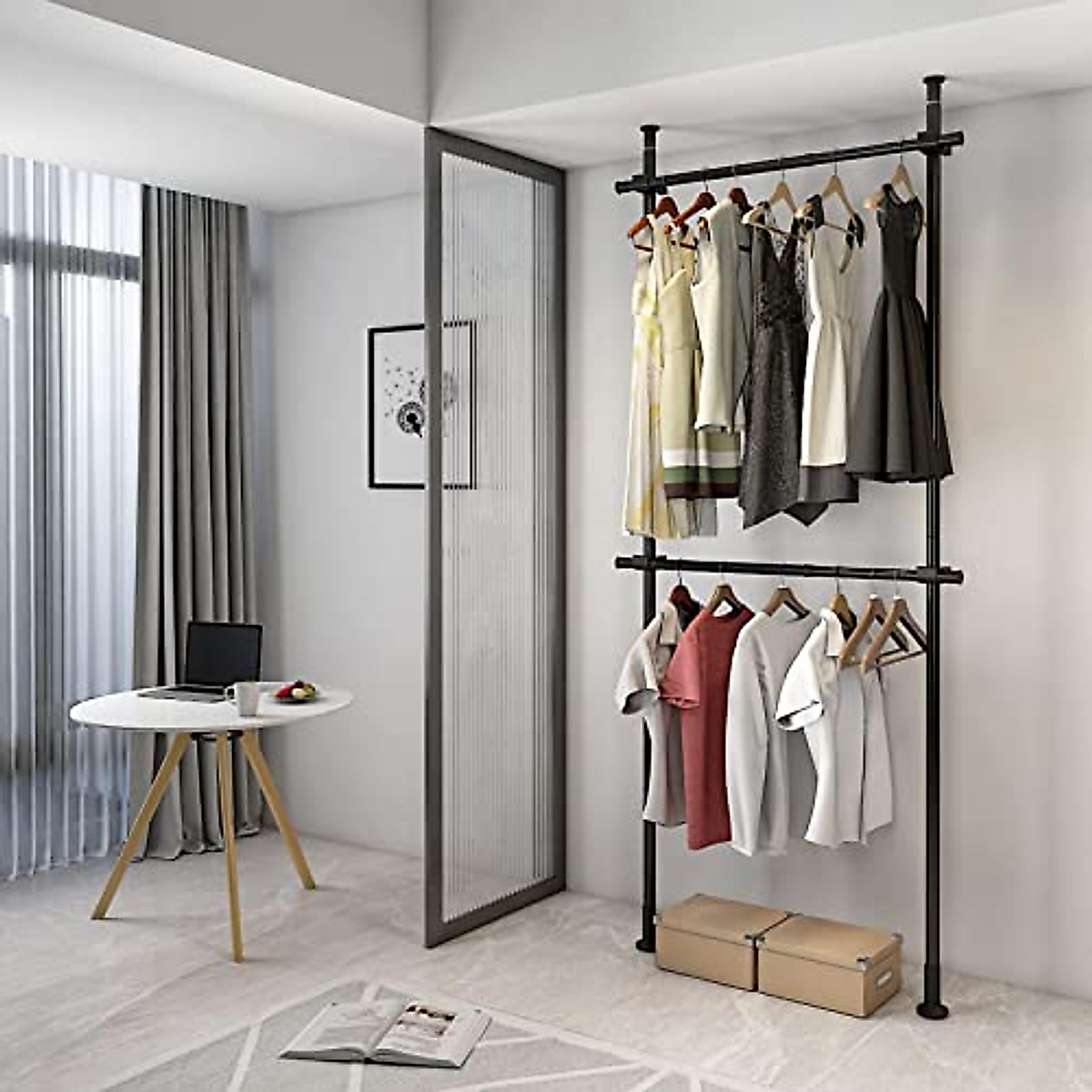 ZHFEISY 2 Tier Clothes Rack, Adjustable Clothing Rack for Hanging Clothes, Heavy Duty Free-Standing Garment Racks,Floor to Ceiling Clothes Hanger Closet System for Bedroom Laundry Room, Black