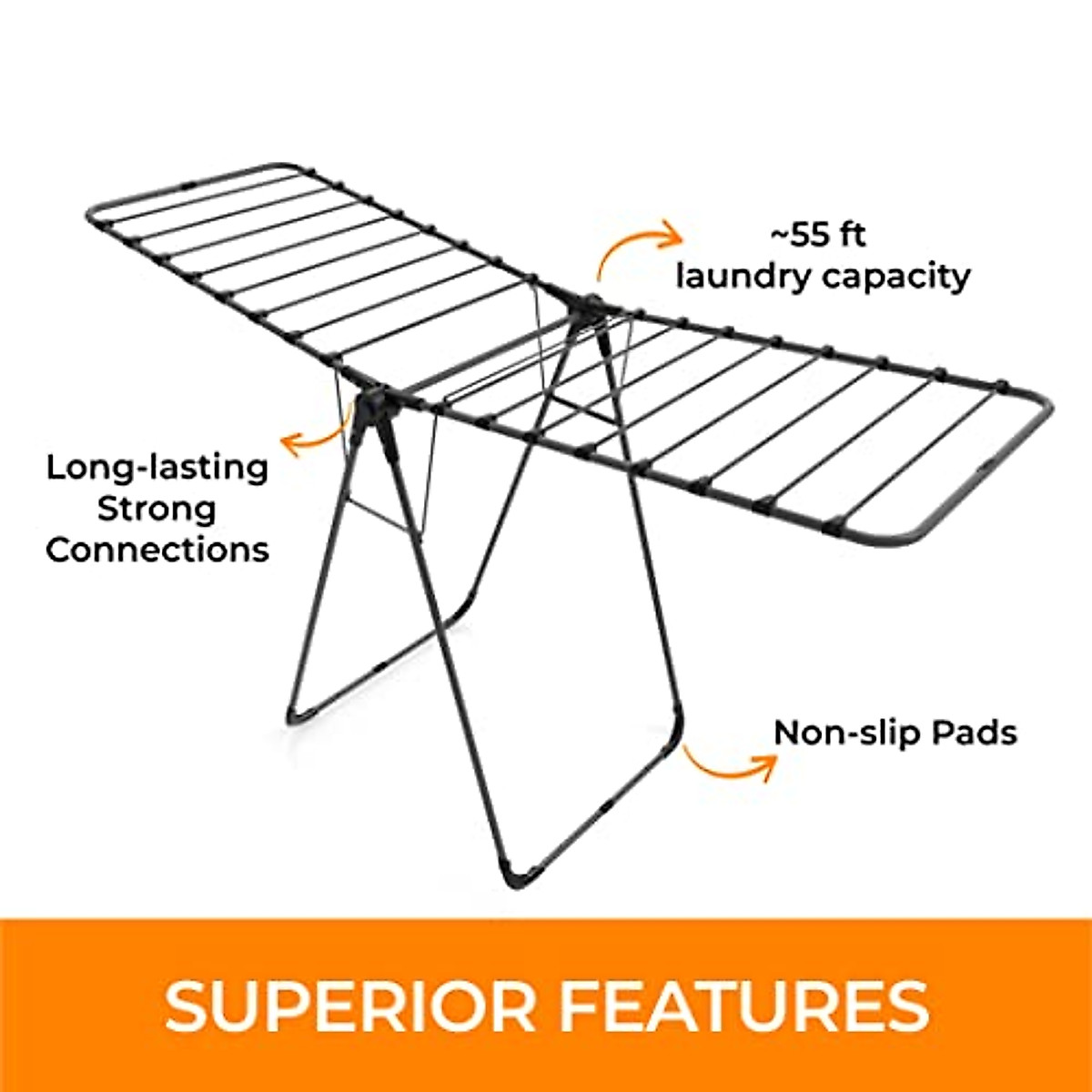 happhom Clothes Drying Rack, Height Adjustable Gullwing for Clothes and Dress, Space Saver Laundry Drying Rack with Smart Lock System, Easy Folding and Hanging for Storage, Sturdy Stainless Steel