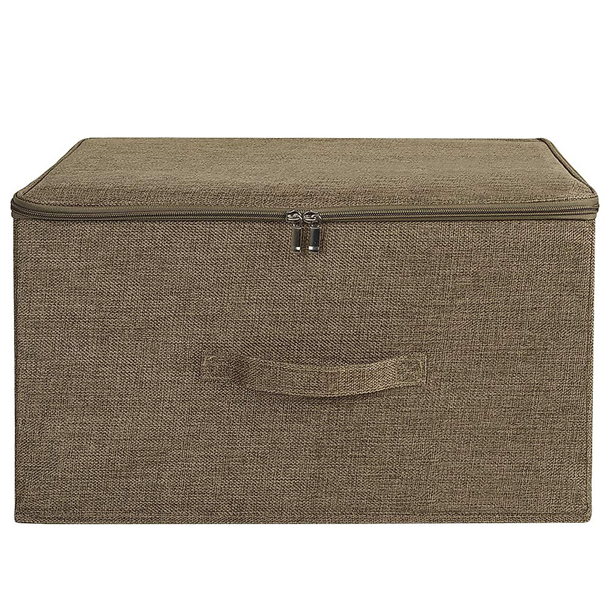 ANMINY 2PCS Storage Bins with Zipper Lid Handles Storage Boxes PP Plastic Board Foldable Lidded Cotton Linen Fabric Home Cubes Baskets Closet Clothes Organizer Containers - Coffee, Large Size