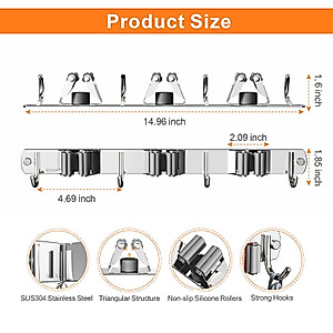 CUXIXA Mop and Broom Holder Wall Mount, Upgraded Broom Organizer Wall Mount, Stainless Steel Broom Hanger Wall Mount for Home Kitchen Garden Laundry Garage (3 Racks with 4 Hooks)