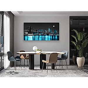 Aibonnly Wall Art Canvas Painting Black White and Blue New York Brooklyn Bridge 1 Piece Cityscape Night Building Skyline Picture Poster Print Framed for Living Room Bedroom Kitchen Office Home Decor