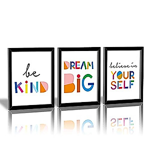 HPNIUB Framed Watercolor Words Inspirational Quote Art Print Set of 3 (8”X10”)-Ready to Hang-Motivational Typography Canvas Painting，Believe in Yourself- Dream Big- Be Kind Print for Classroom Decor